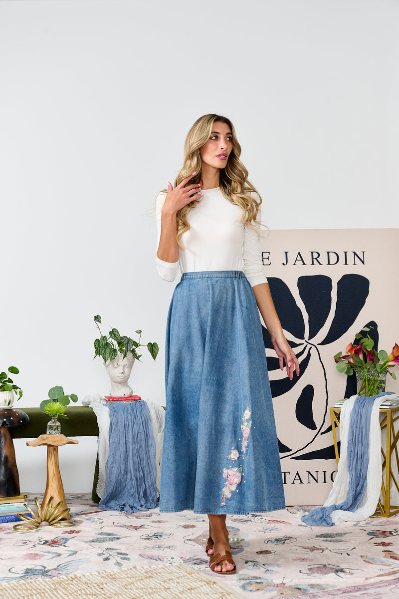 Parcelle Beaded Flower Denim Skirt – Hats to Hose